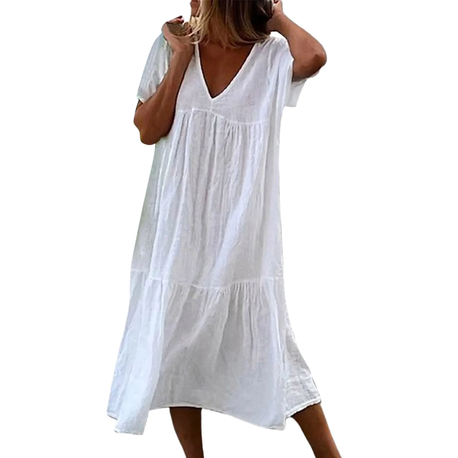 White-Summer-Cotton-Linen-Dresses-for-Women-Solid-Short-Sleeve-V-neck ...