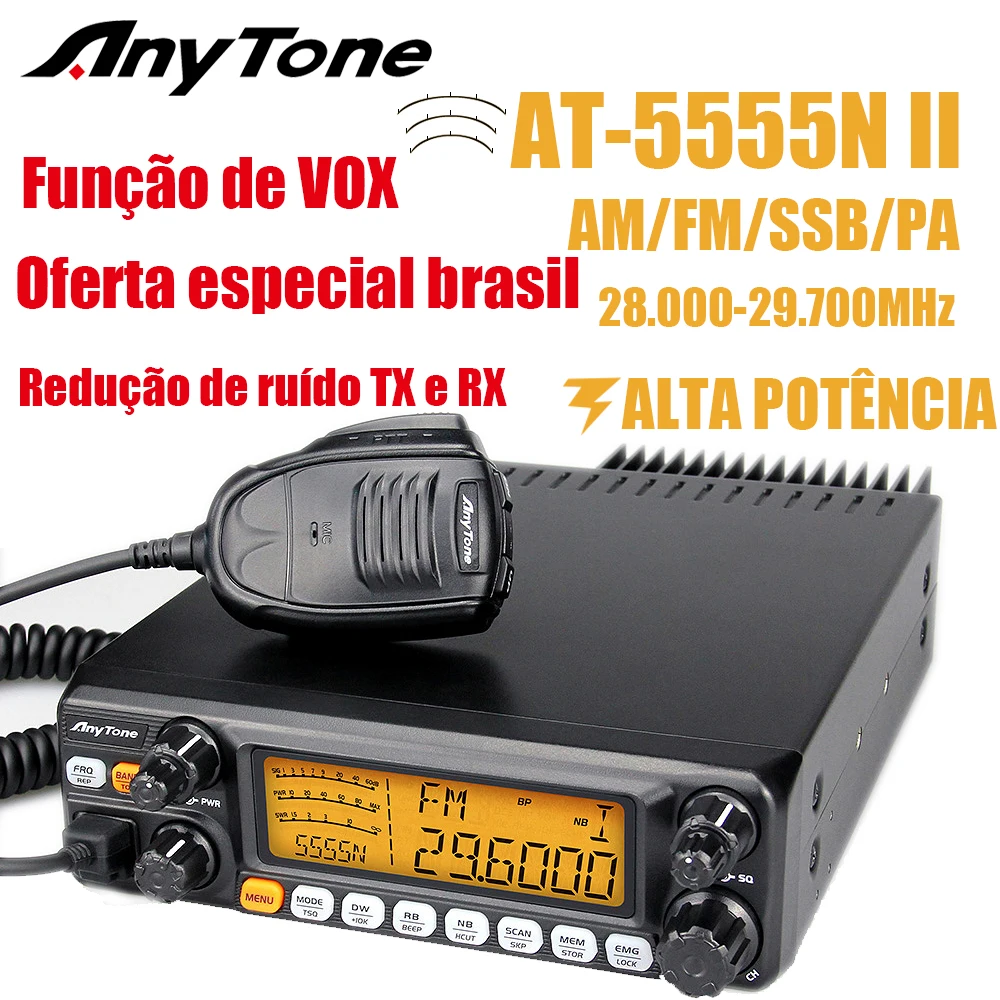 AnyTone AT-5555N II 28.000-29.700MHz CB rádio móvel transceptor móvel de 40 canais AM/FM/SSB/LSB ...