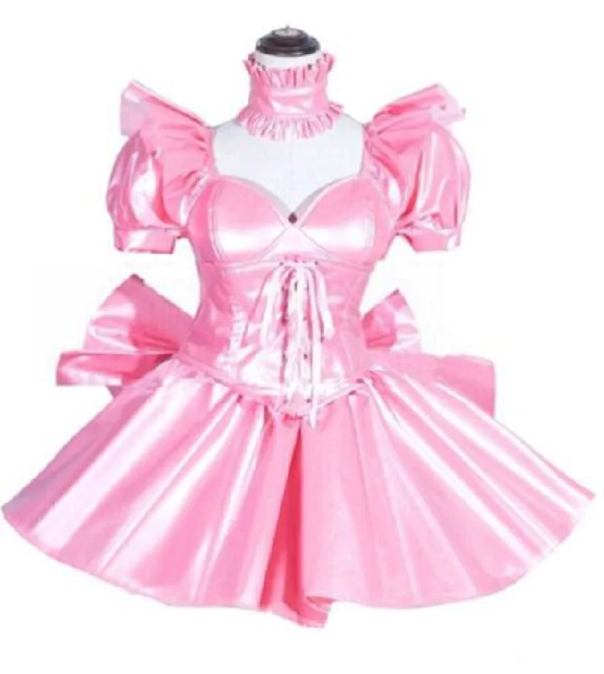 Hot sale corset tight pink girly sexy maid girl lockable satin dress ...
