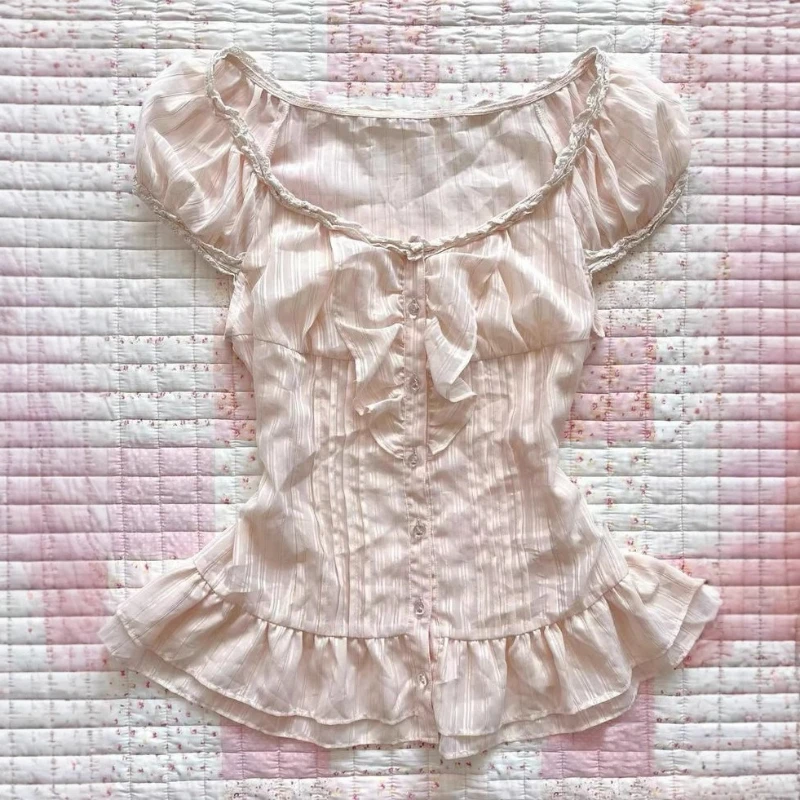 Sweet Girl Ruffle Short Sleeve Tops Summer Women Lace Girly Buttons ...