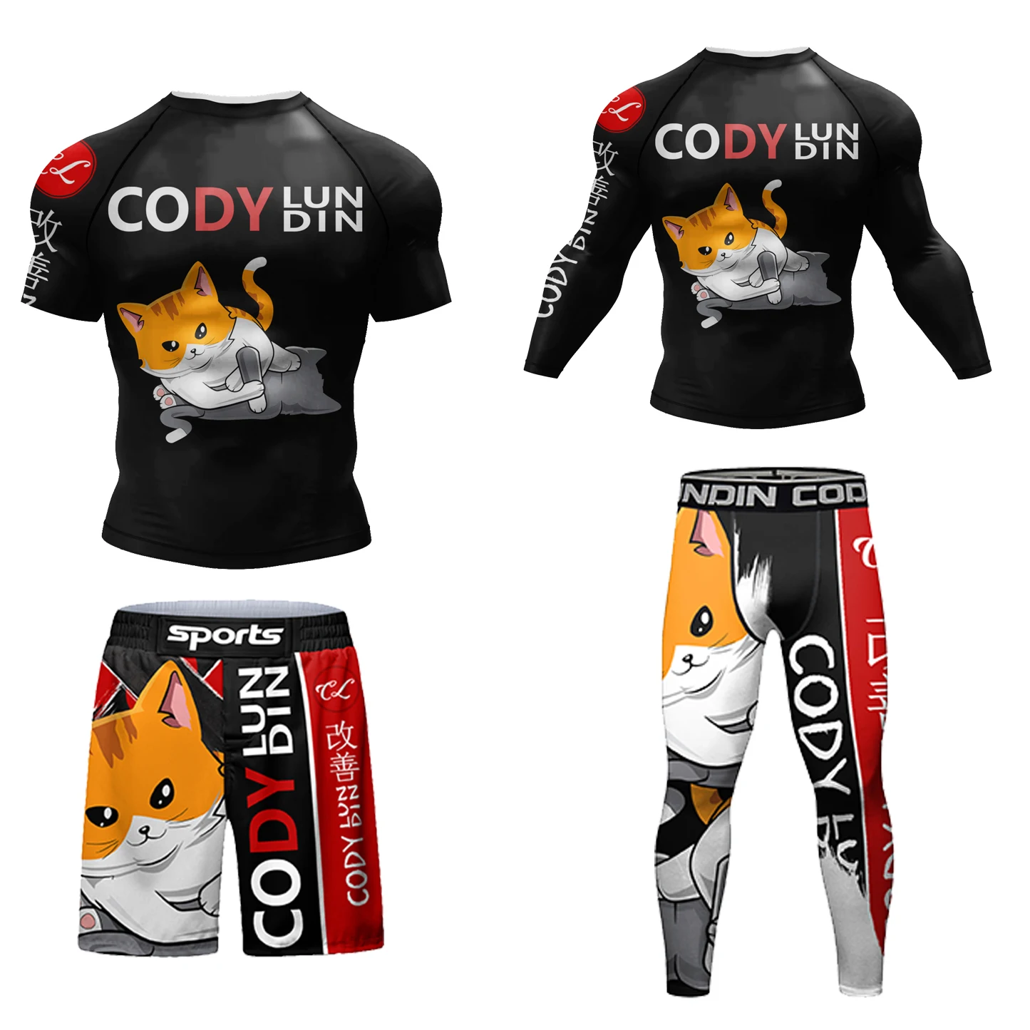 Custom-Cat-Jiu-Jitsu-Rashguard-MMA-T-shirt-Pants-For-Men-4PCS-Brazilian ...