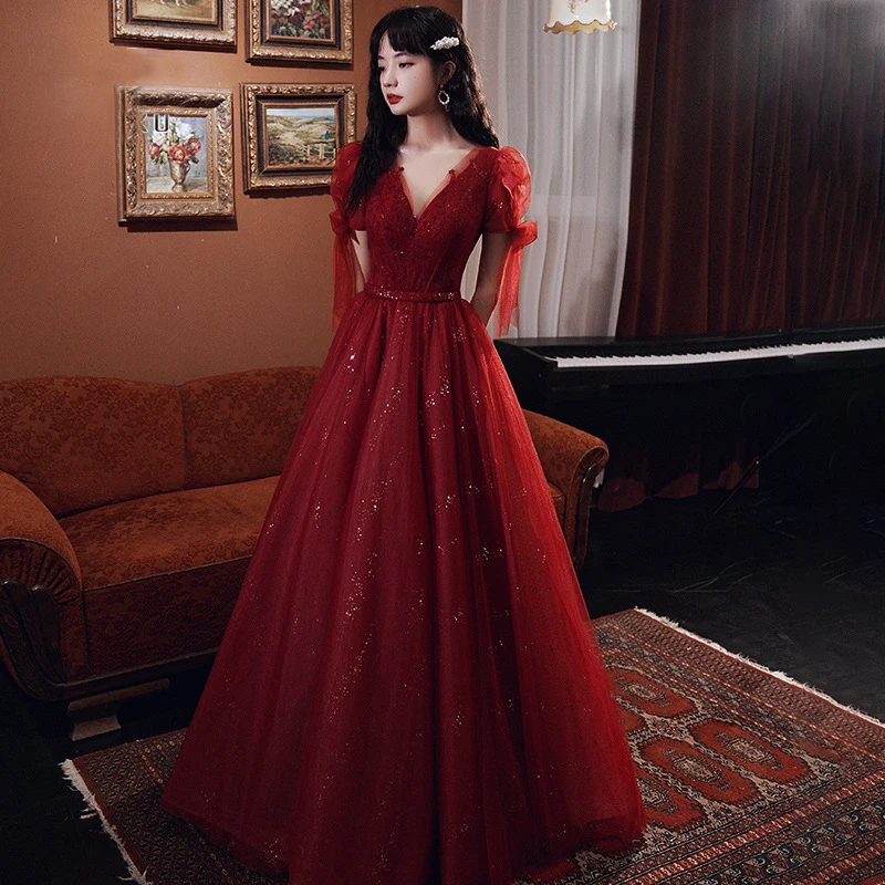 Wine-Red-Beading-Tulle-Prom-Dress-New-Vintage-Women-Sequins-Backless ...