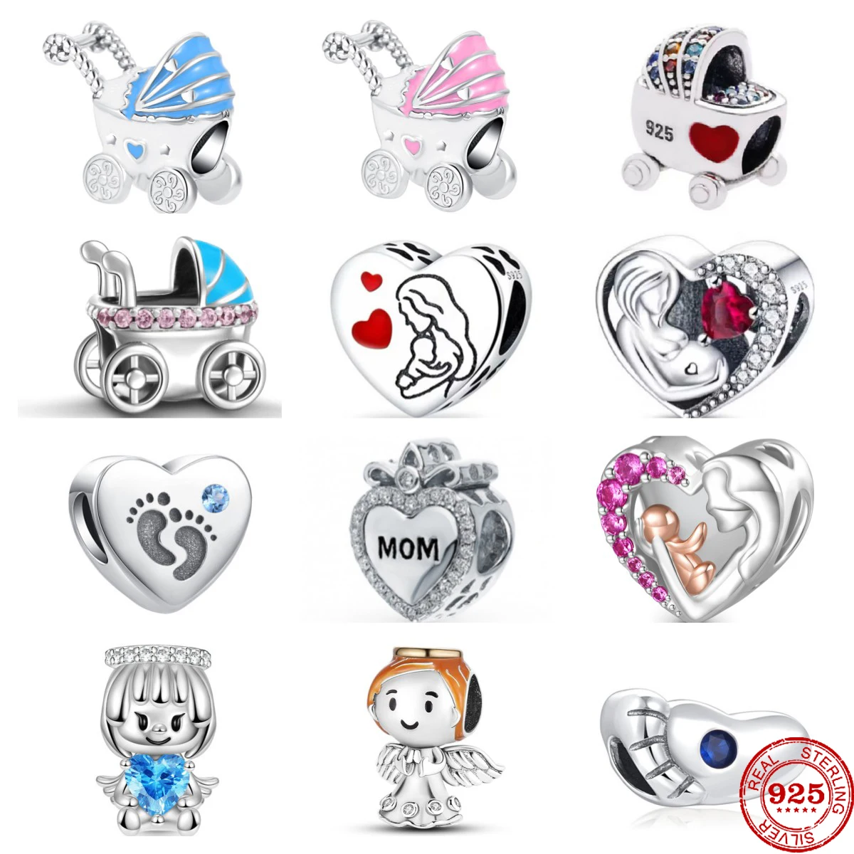 New-925-Sterling-Silver-stroller-angel-mom-Pendant-Dangle-Charm-Pandora ...