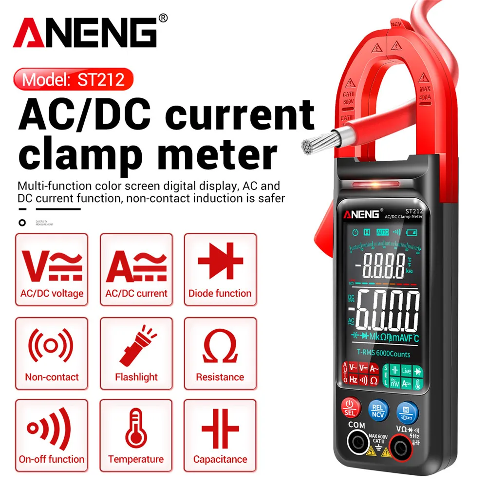 ANENG ST212 DC/AC Current Digital Clamp Meter 6000 Counts 400A Amp ...