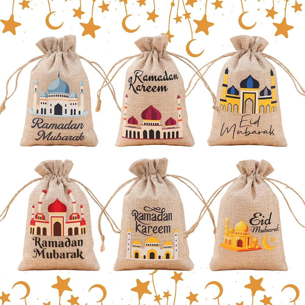 6Pcs Eid Mubarak Drawstring Gift Bags Muslim Holiday Kids Burlap Candy ...