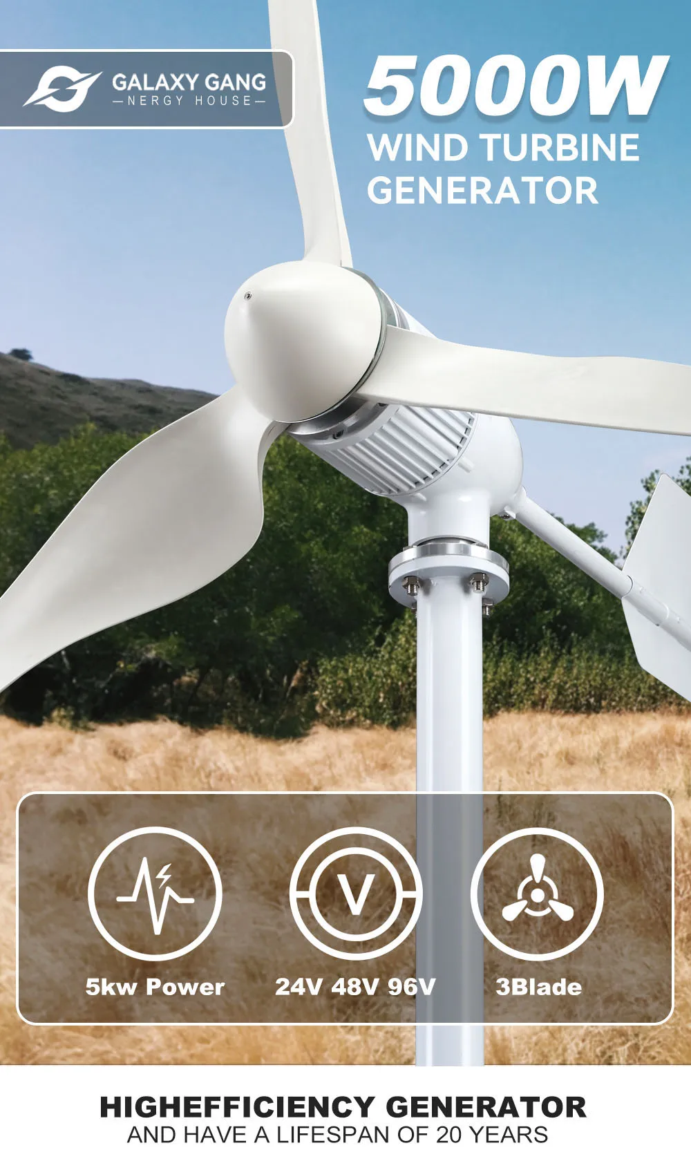 5kw Windmill Turbine Generator Power 3kw 3Blade 12V 24V 48V Free Energy ...