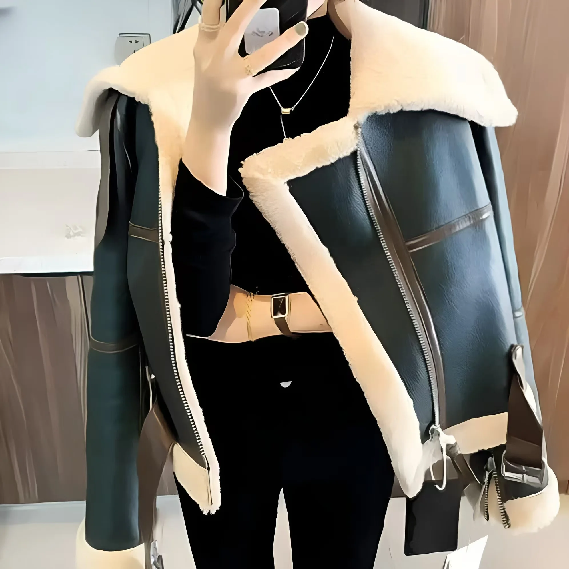 New-Winter-Women-Green-Patchwork-Large-Lapel-Motorcycle-Jacket-Thick ...