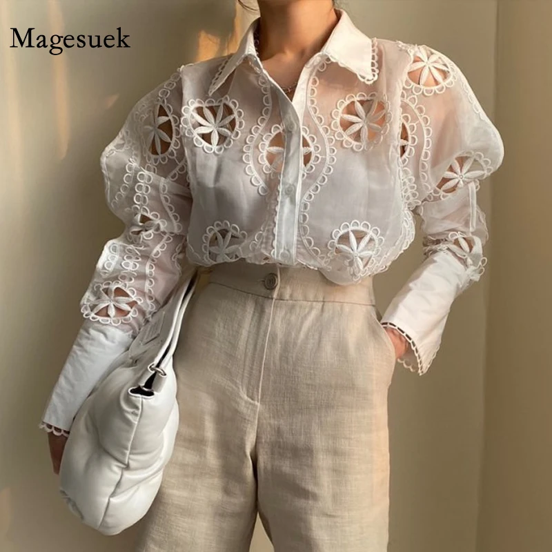 Spring Lace White Blouse Women Hollow Out Flower Embroidery Shirt Sexy ...