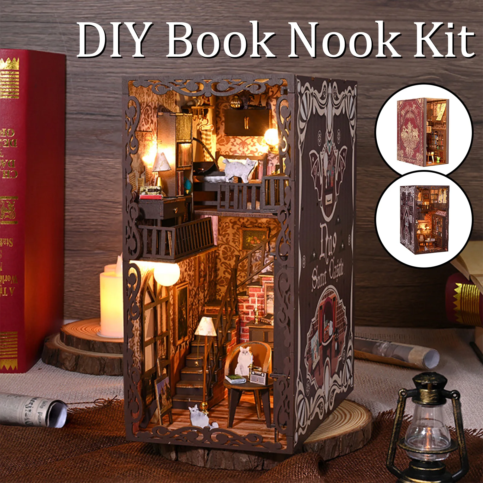DIY-Book-Nook-Kit-with-LED-Lights-3D-Wooden-Puzzle-Book-House-Building ...