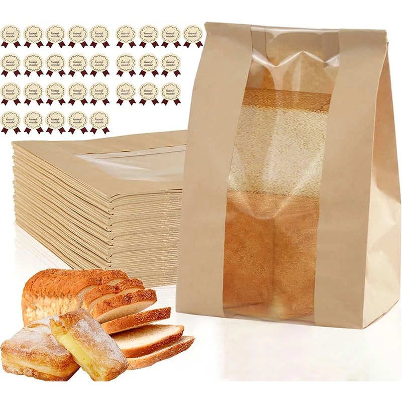 30-50pcs-Kraft-Paper-Bread-Bags-Homemade-Bread-Storage-Bags-with-Clear ...