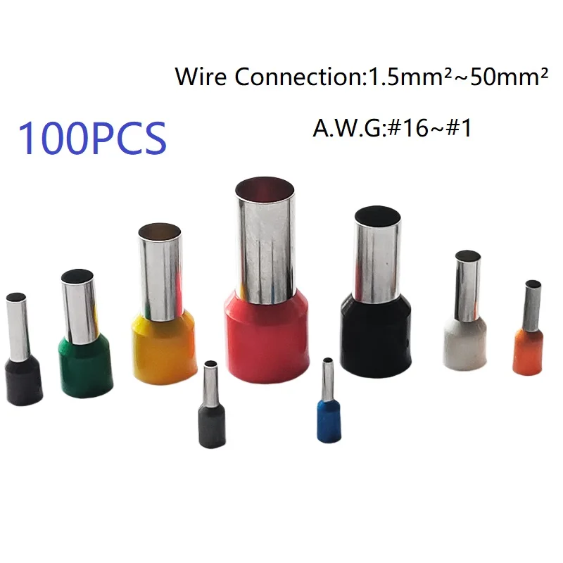 100PCS Wire1.5mm²~50mm²Use Insulated Ferrules Cable Lug Gauge#16~#1 ...