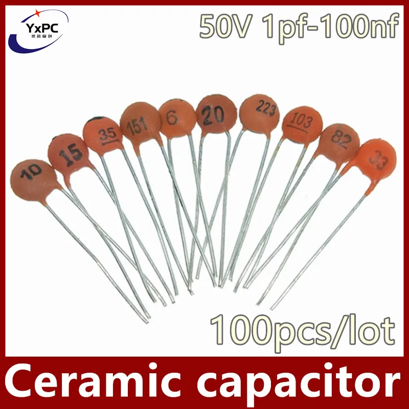 100pcs-50V-Ceramic-capacitor-1pF-100nF-6PF-10PF-22PF-33PF-82PF-220PF ...
