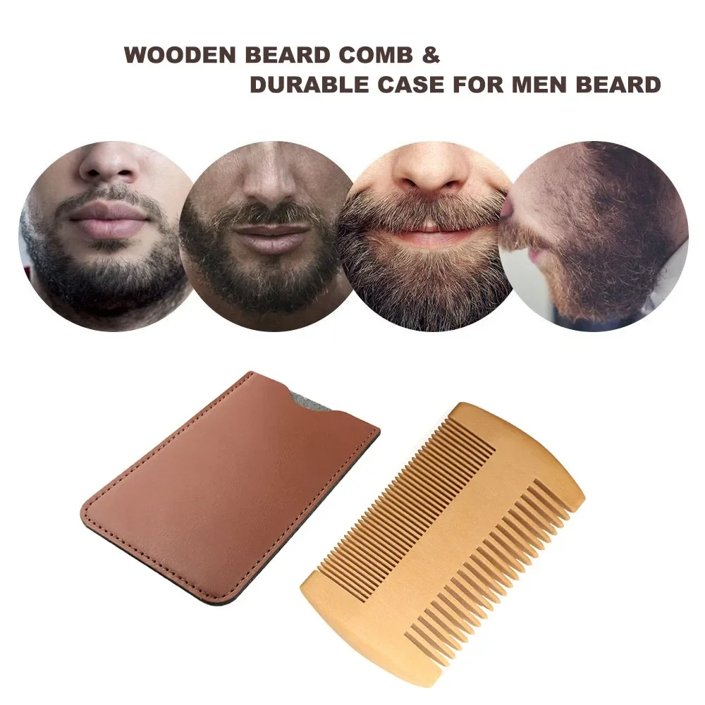 Wood Hair Brush Beard Comb PU Leather Case Mustache Comb Brushing Hair ...