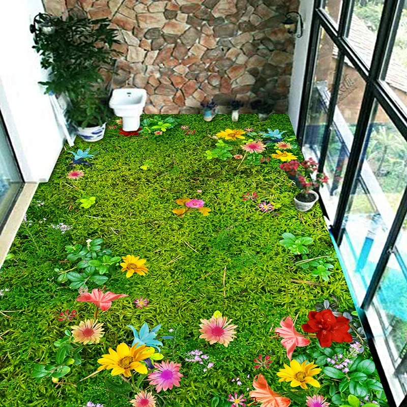 Custom 3D Floor Murals Flowers Grass Lawn Living Room Bedroom Balcony ...
