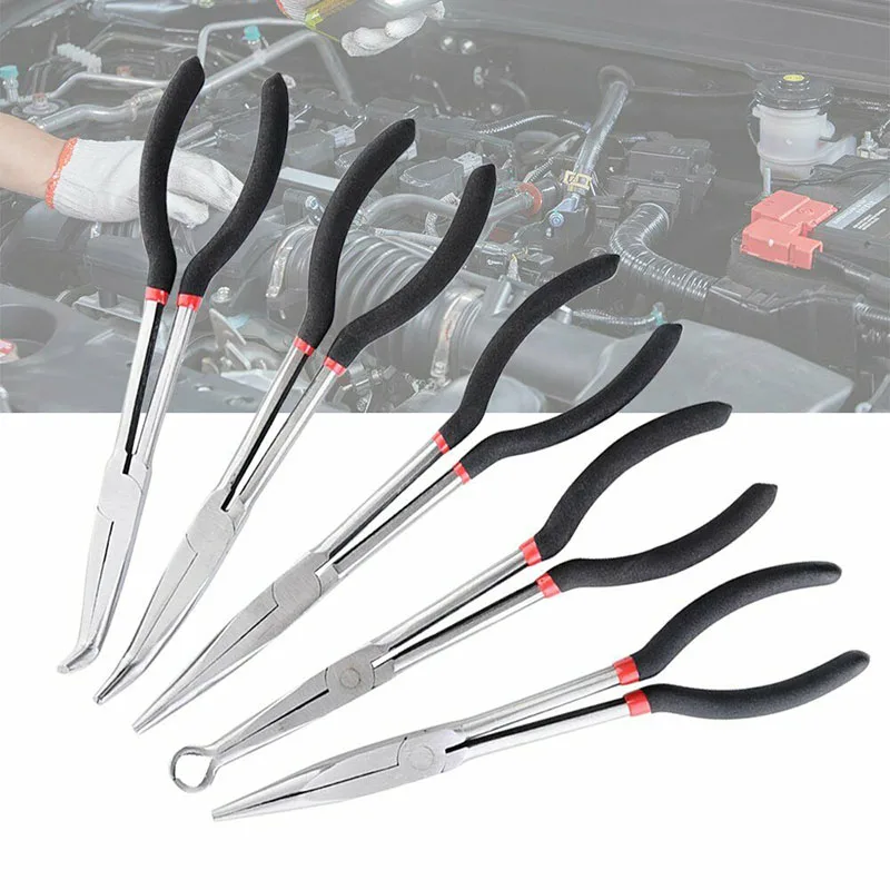 5Pcs Long Reach Plier Set Straight 90 /45/25 Degree Double X Hose Grip ...
