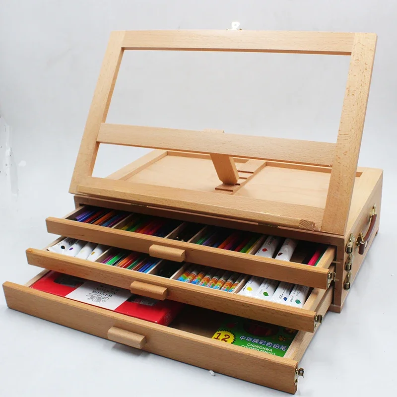 Adjustable Wooden 3-Drawer Storage Box Easel, Beechwood Portable Artist ...