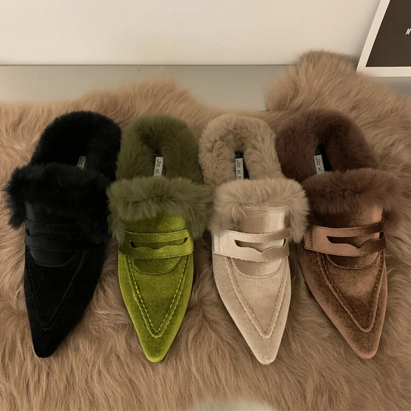 Women Luxury Velvet Mules Pointy Toe Slip-on Fur Sandals Ladies Brand ...