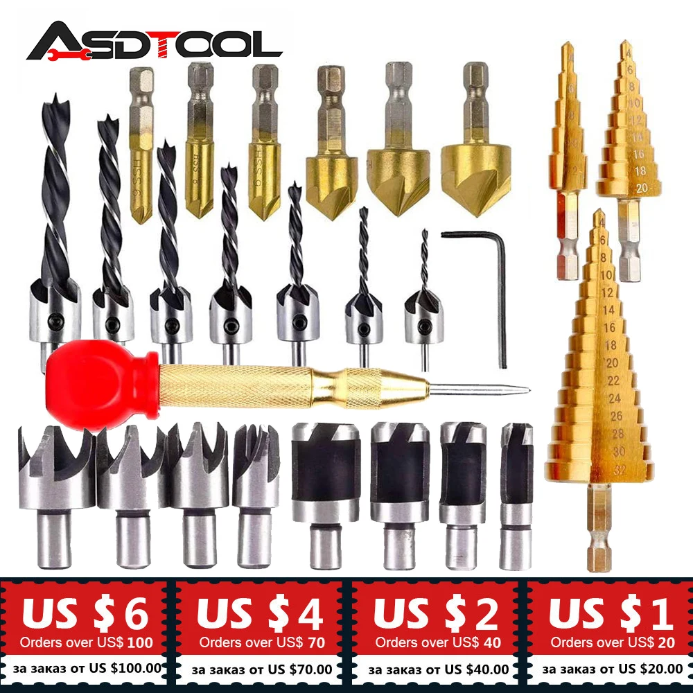 HSS-Titanium-Coated-Step-Drill-Bit-Drilling-Countersink-Drill-Bit-Set ...