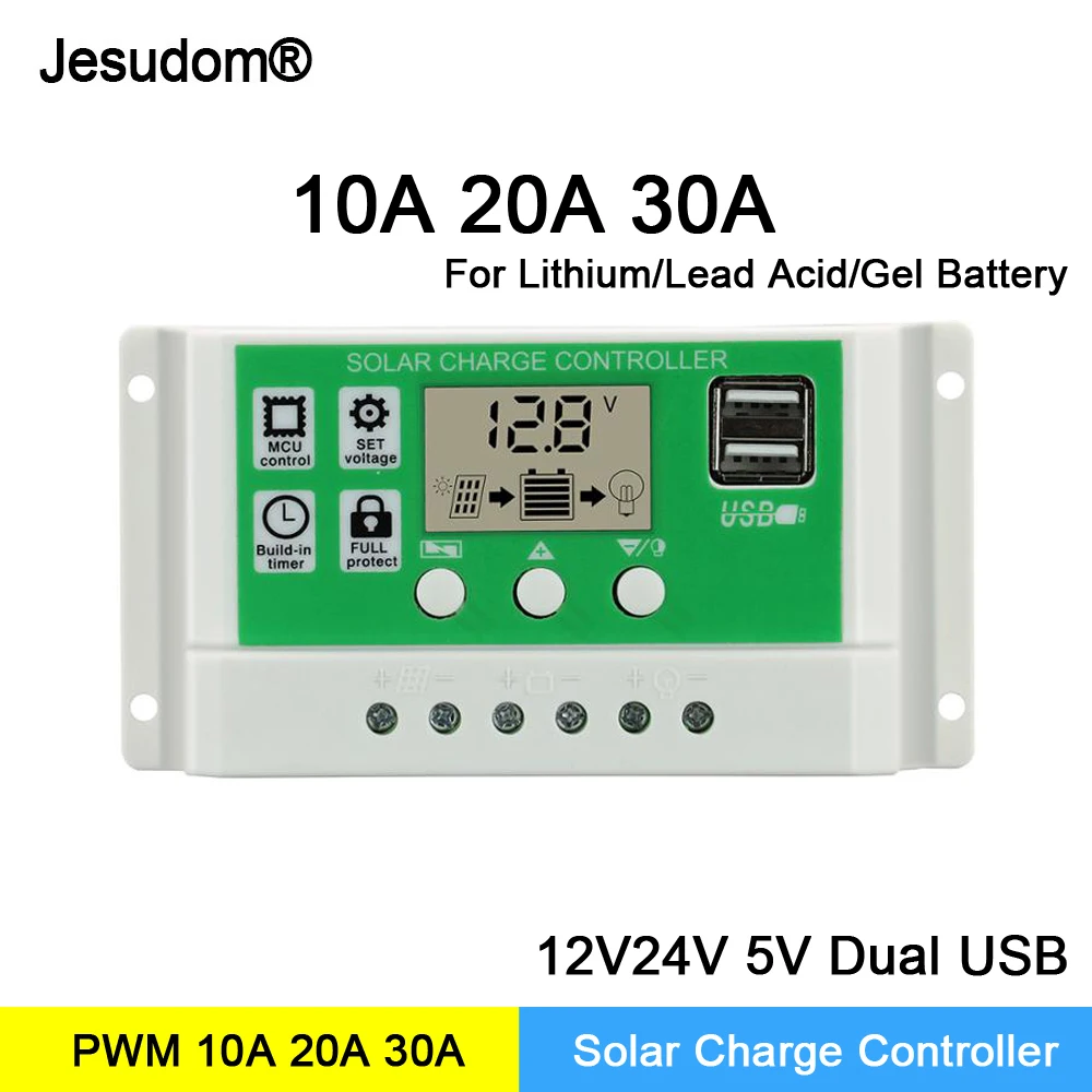 Contrôleur de Charge solaire PWM 10A 20A 30A 12V 24V, régulateur PV avec écran LCD pour ...