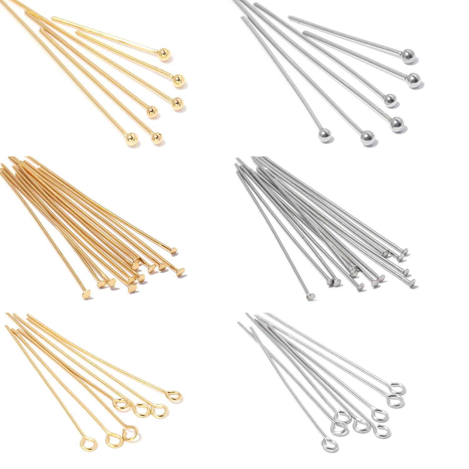 50-100Pcs-Lot-20-30-40mm-Heads-Eye-Flat-Head-Pin-Gold-Plated-Stainless ...