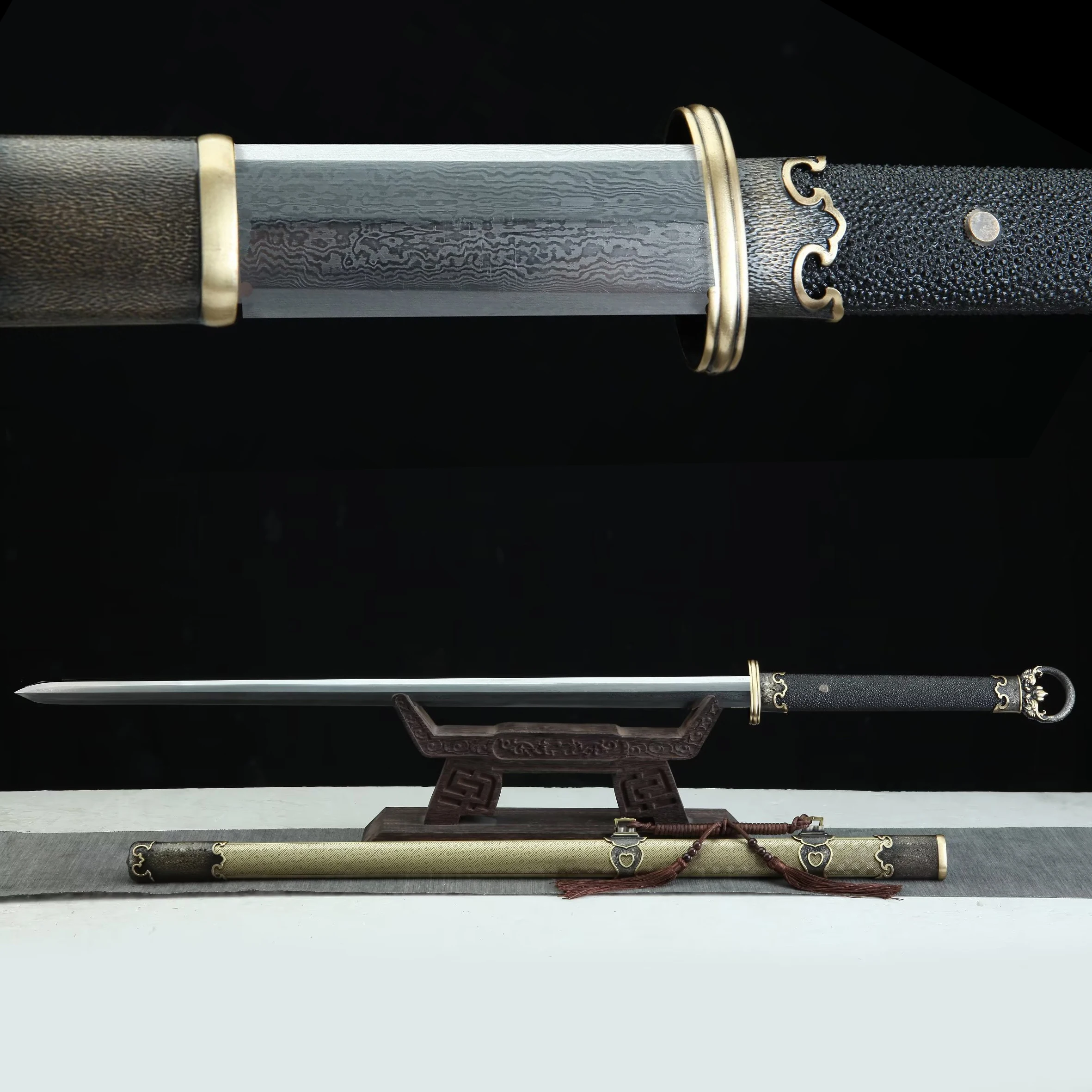 109cm-Medieval-Double-Dragon-Ring-head-Tang-sword-Damascus-Steel-Metal ...