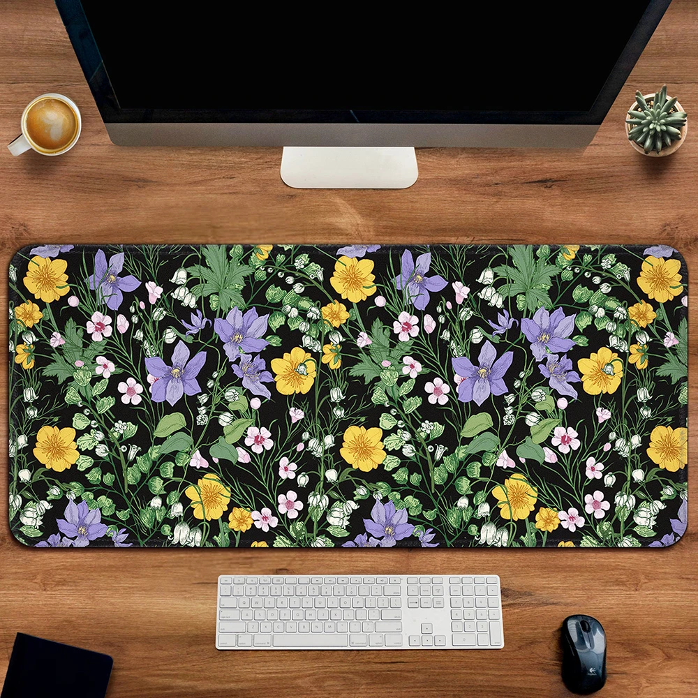 Blooming Flowers Gaming Mouse Pad Long Desk Mat Floral Herbaceous ...