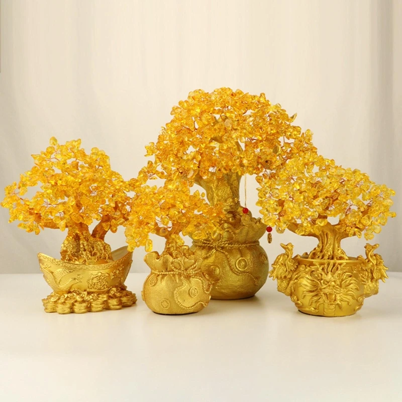 Novelty Lucky-Tree Home Decorations Yellow Crystal Money Tree Chinese ...