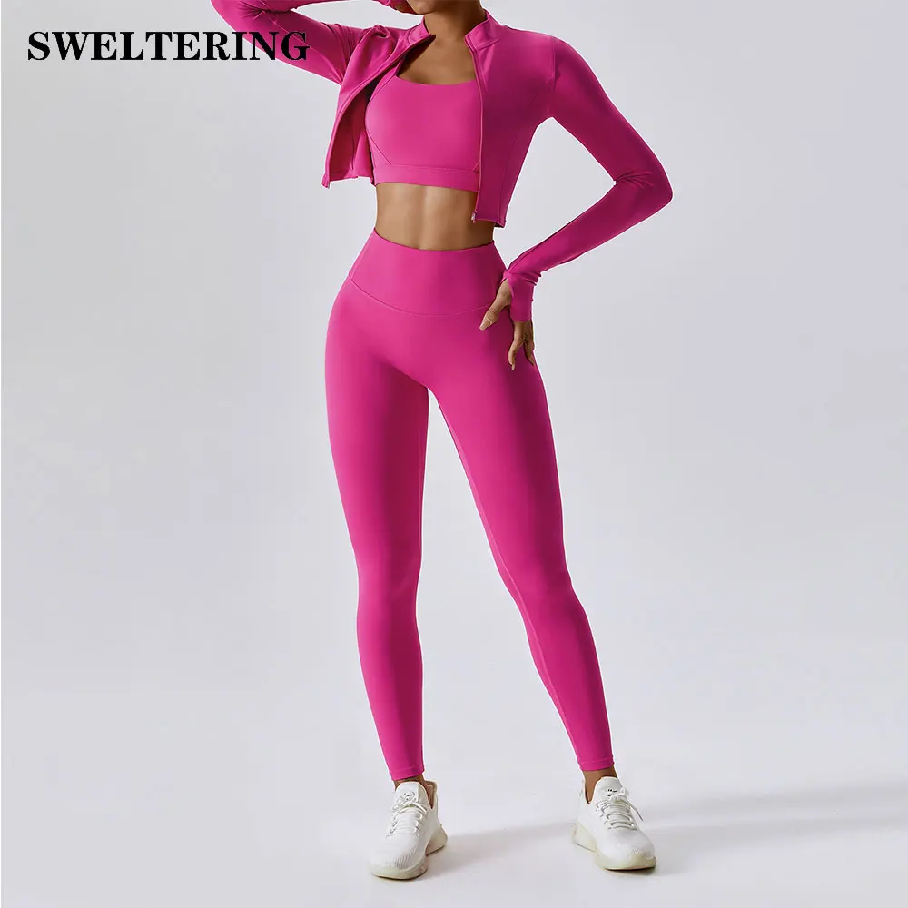 3-Pieces-Women-Tracksuit-Yoga-Set-Workout-Sportswear-Gym-Clothing-Fitness-Long-Sleeve-Crop-Top ...
