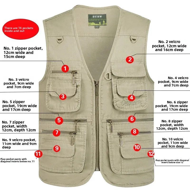 Multi Pocket Men's Vest Zipper Sleeveless Jacket Male Spring Big Size ...