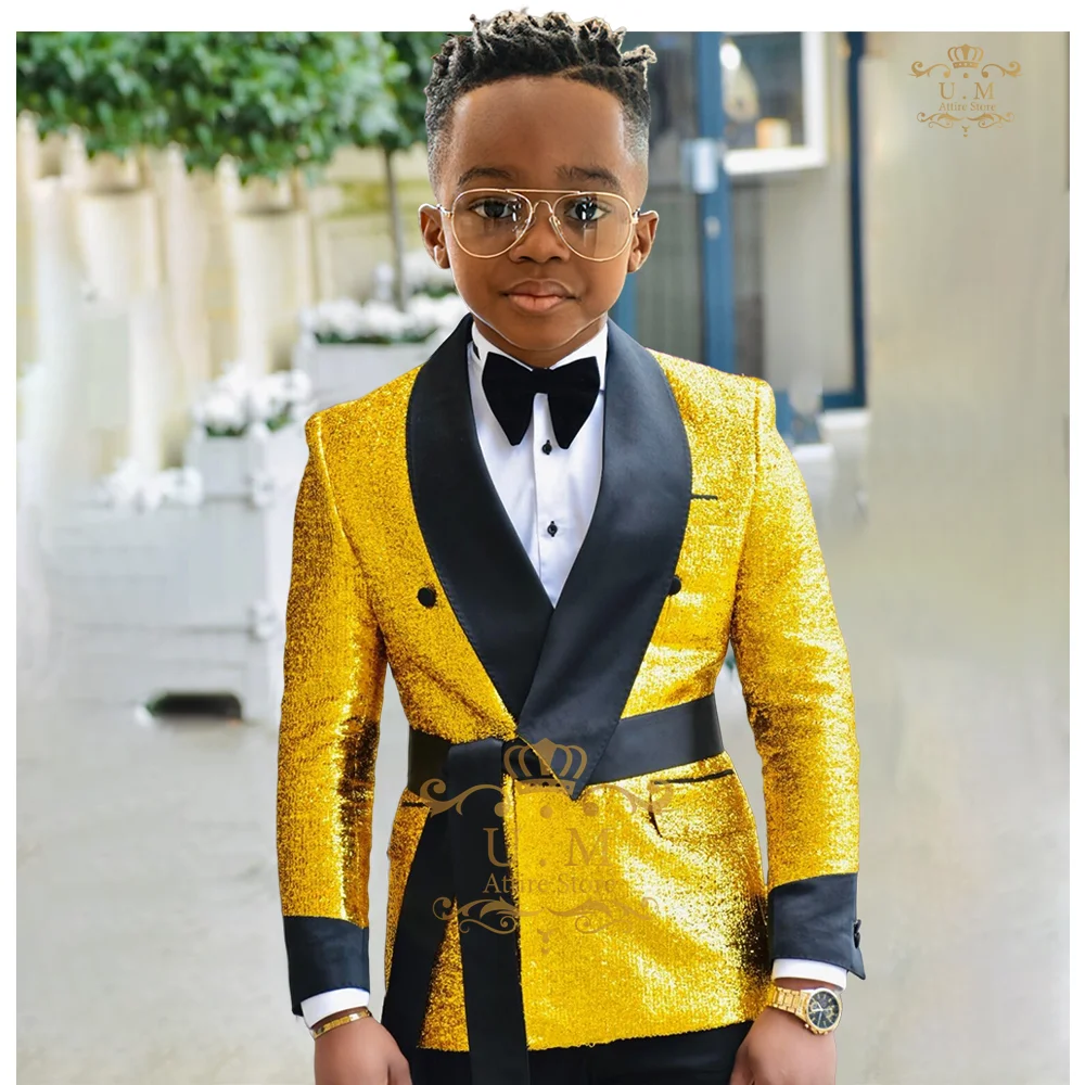 Boys' shiny suit 2-piece set (jacket+pants) gold sequin shawl lapel ...