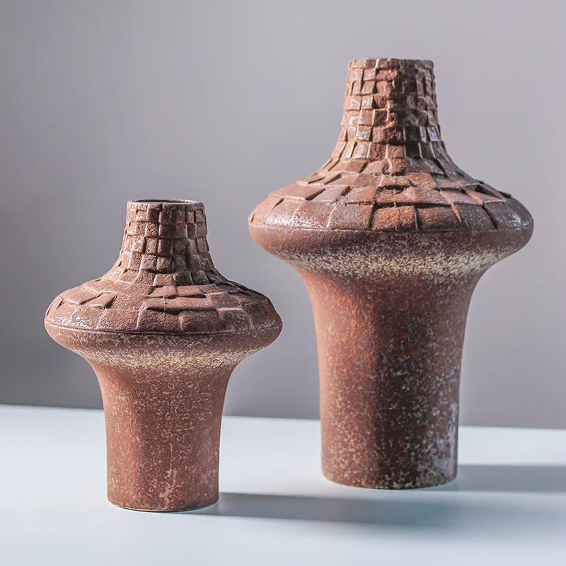 Ceramic Vase Coarse Pottery Handmade Plaid Pattern Pottery Clay Flower ...