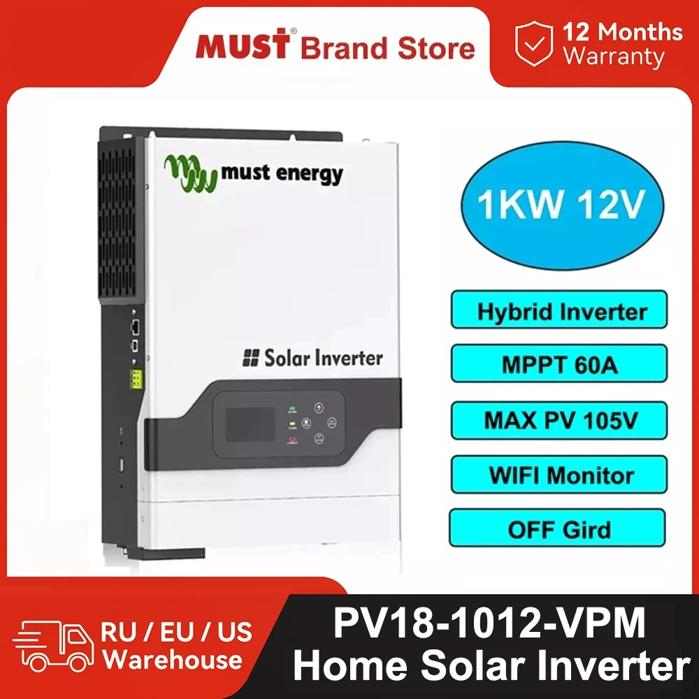 MUST Energy PV1800 VPM 1KW 12V 230V Home MPPT Hybrid Solar Inverter ...