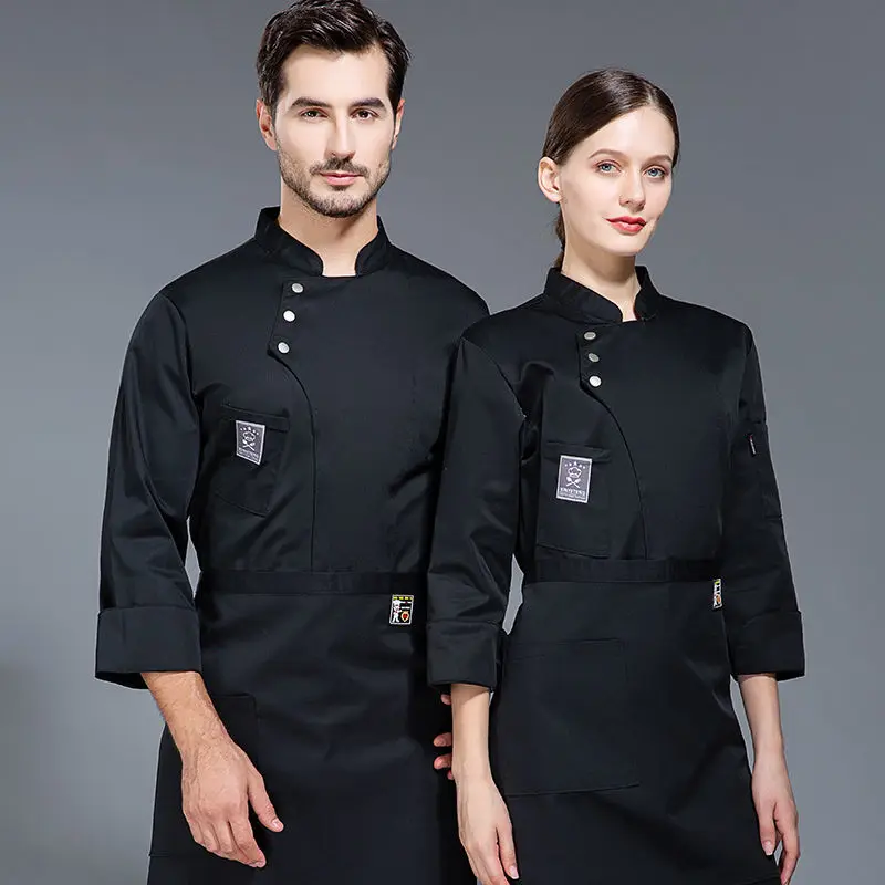 black-chef-uniform-jacket-long-sleeve-chef-T-shirt-restaurant-Uniform-Bakery-Food-Service ...