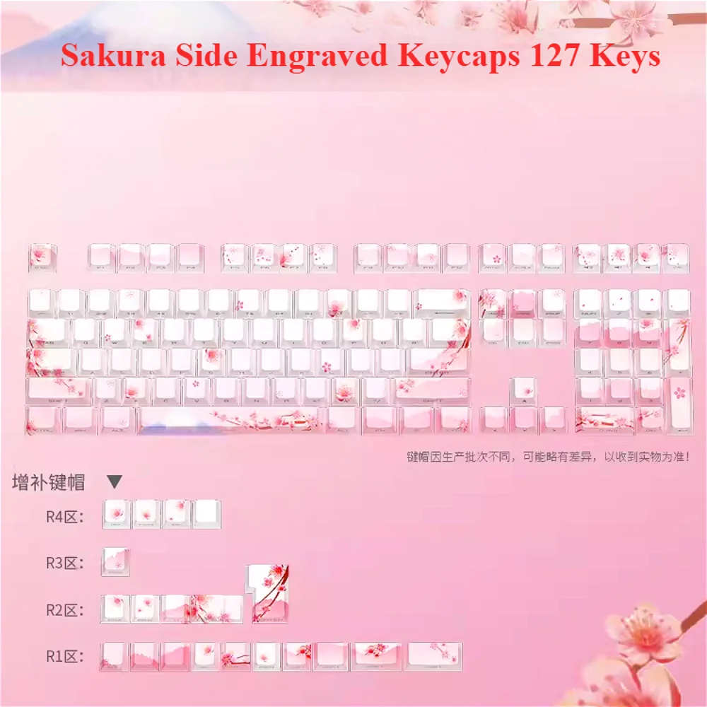 Sakura-Pink-Side-Engraved-Keycap-Set-PBT-Translucent-127-Keys-for-MX ...
