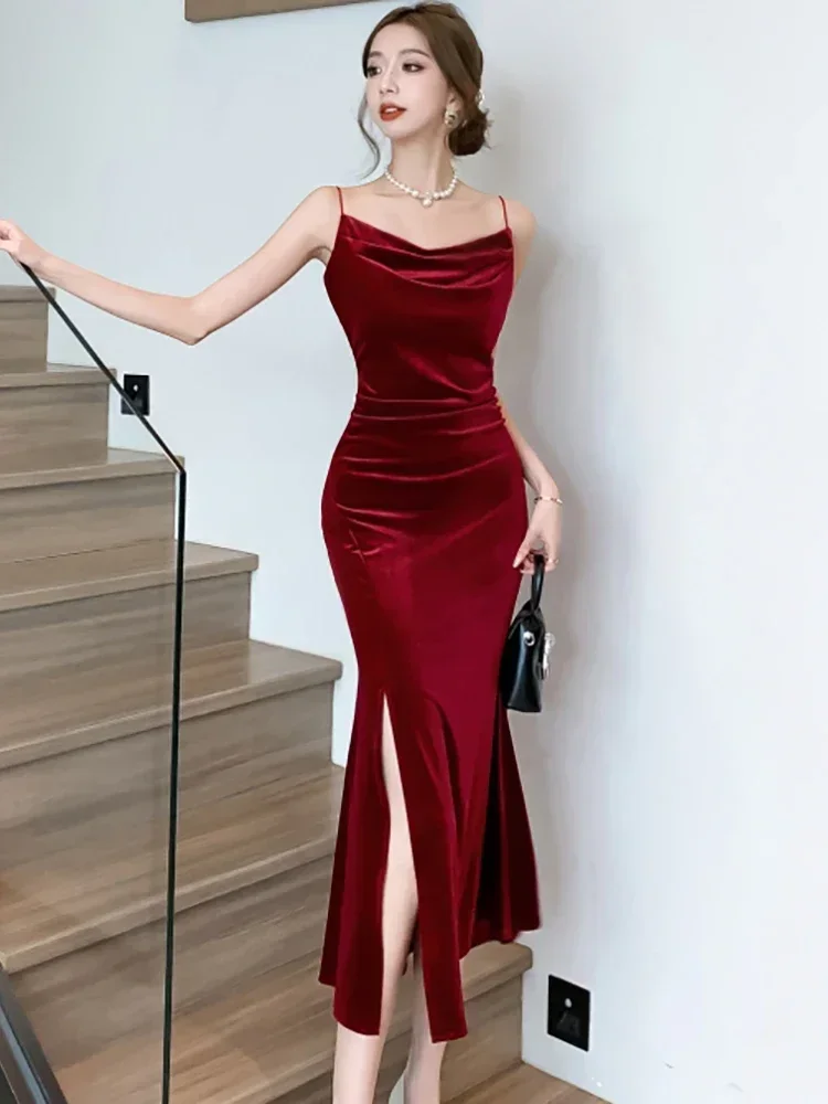 Autumn-Winter-Red-Velvet-Pleated-Sling-Long-Dress-Fashion-Chic-Side ...