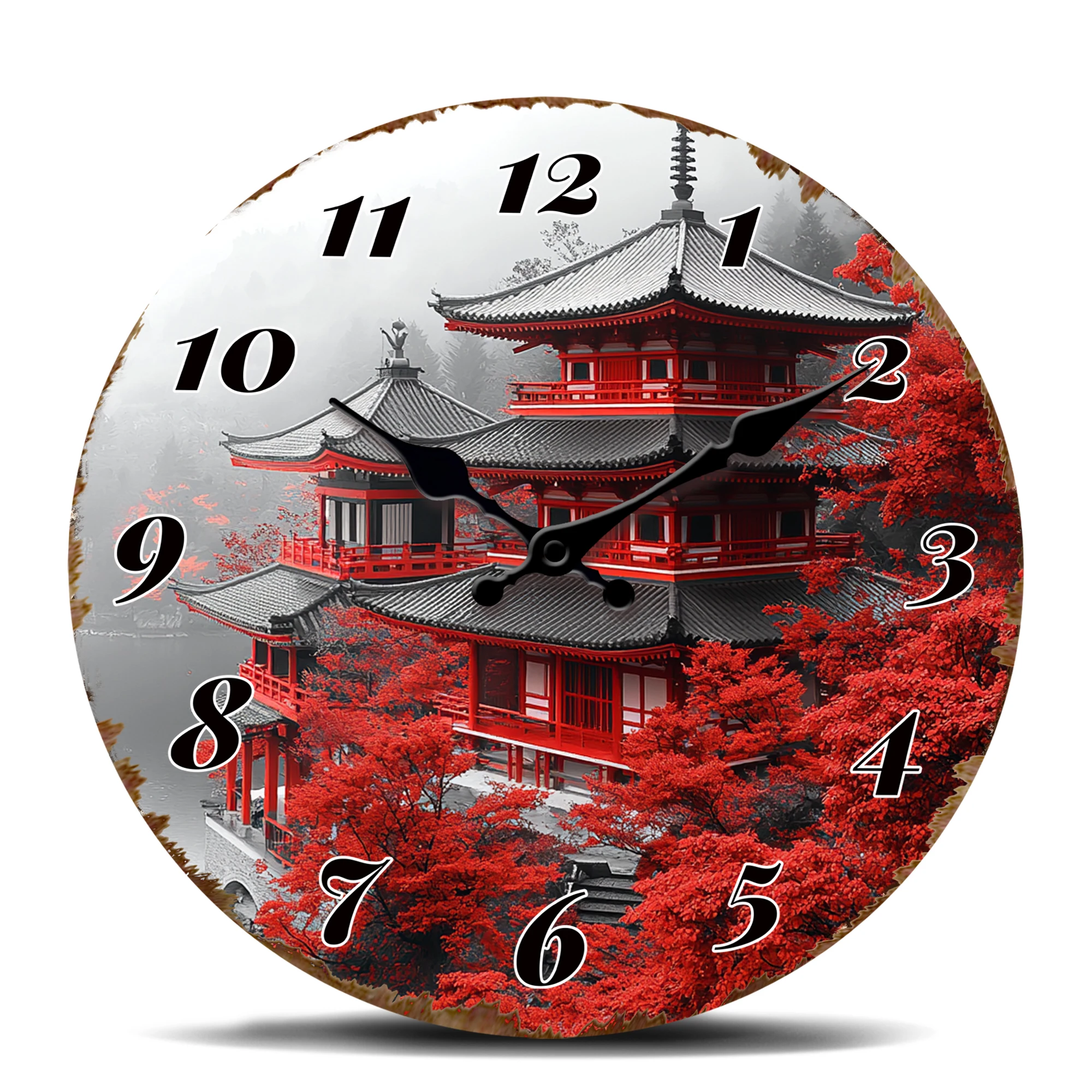 Traditional Red Japanese Pagoda Wall Clock, Oriental Architecture Round ...