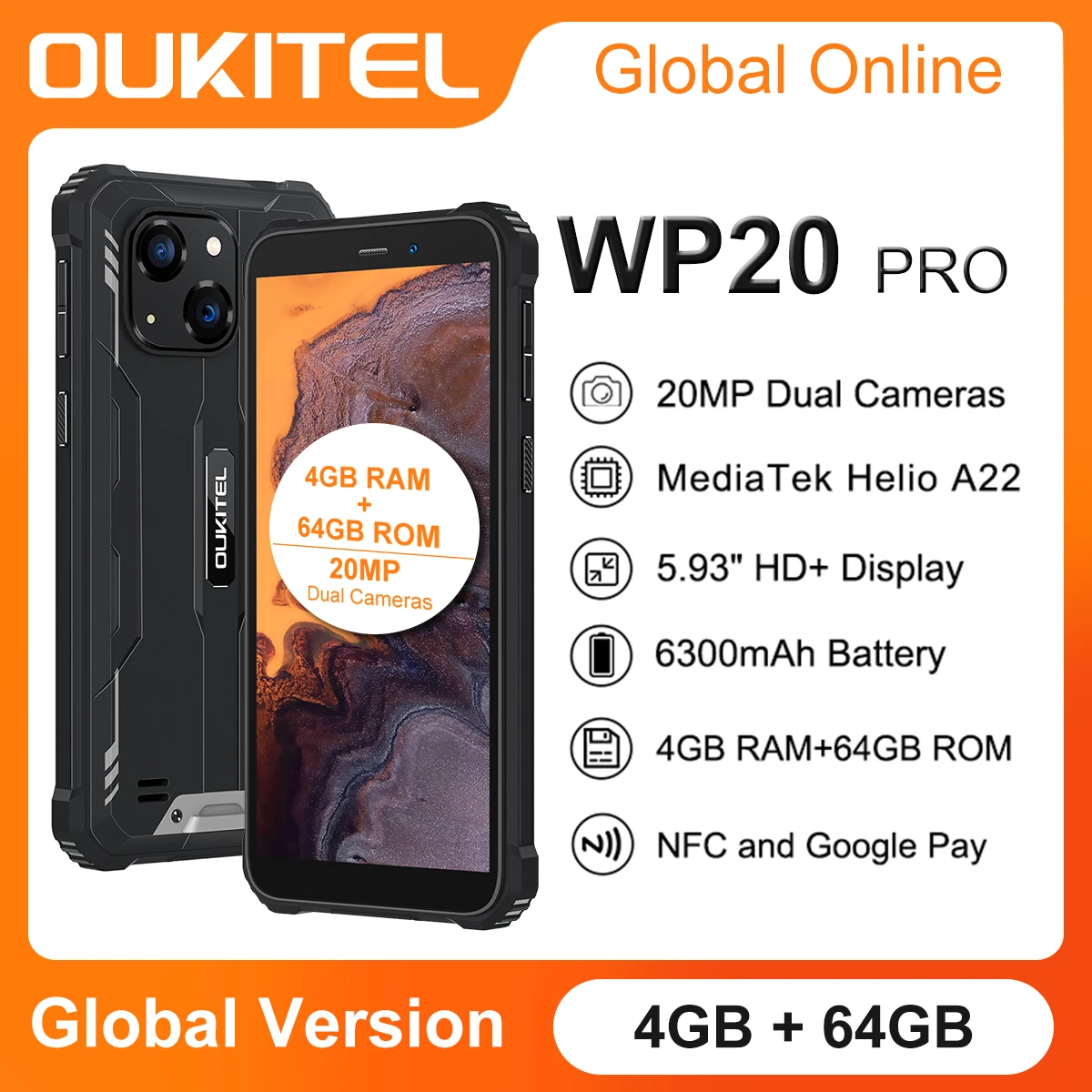 Oukitel wp20 pro smartphone áspero android 12 6300mah 4gb + 64gb 5.93 "telefone celular versão ...