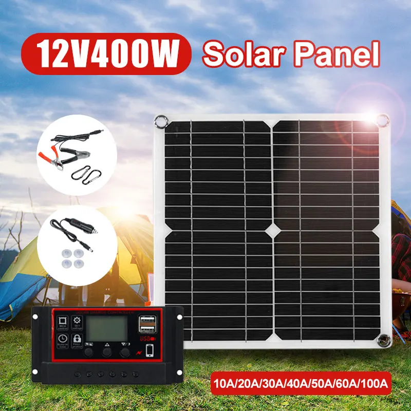 400W Solar Panel Kit Complete Dual 12V 5V DC USB With 10A-100A Solar ...