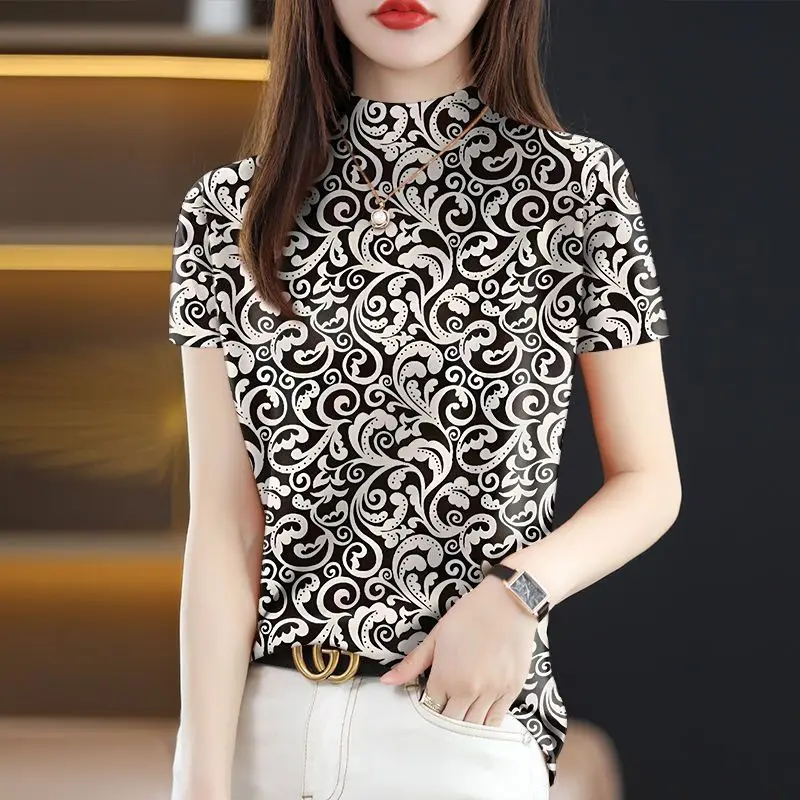 Fashion Women's Clothing High Neck Short Sleeve Tummy Covering T-Shirt ...