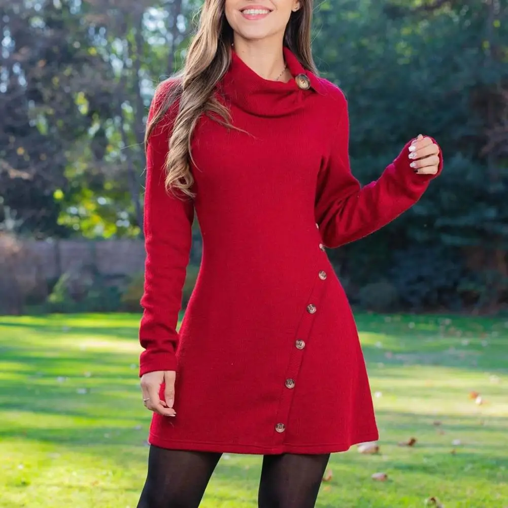 Women-Autumn-Winter-Mini-Dress-Solid-Color-Piled-Collar-Long-Sleeve-Hip ...
