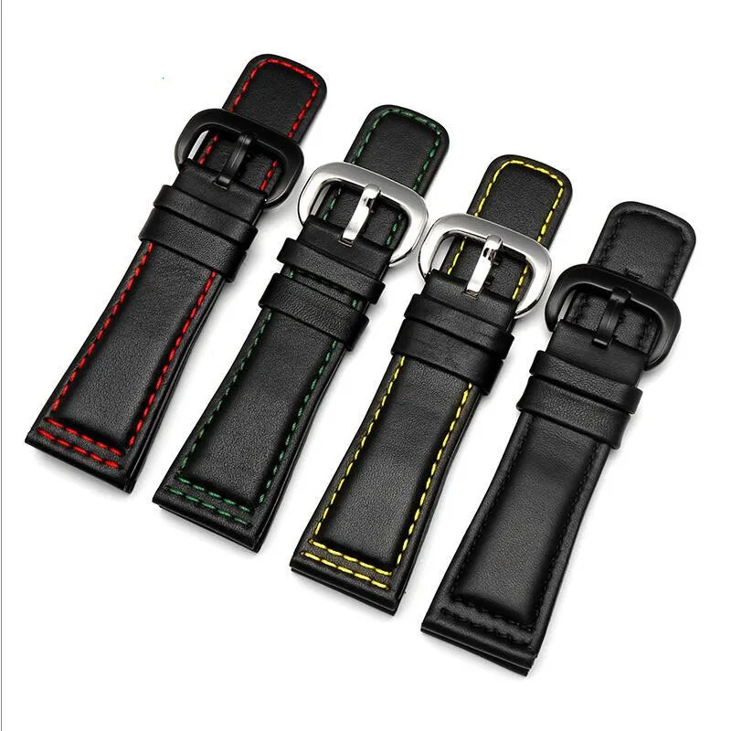 Classic Black&Red Thread Genuine Leather Watchband 28mm Smooth Embossed ...