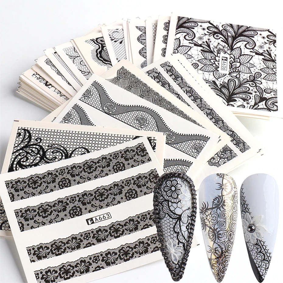 24 Designs Black White Lace Nail Stickers Flower Nail Art Water Decals ...