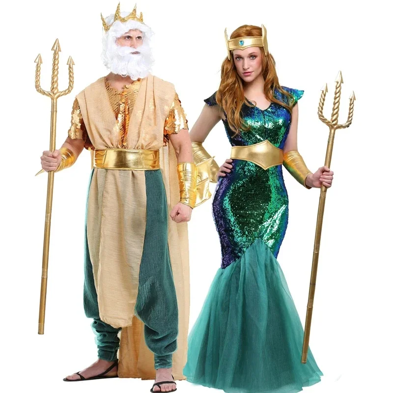 Women Sea Siren Mermaid Queen Costume Staff Men's Poseidon Costumes ...