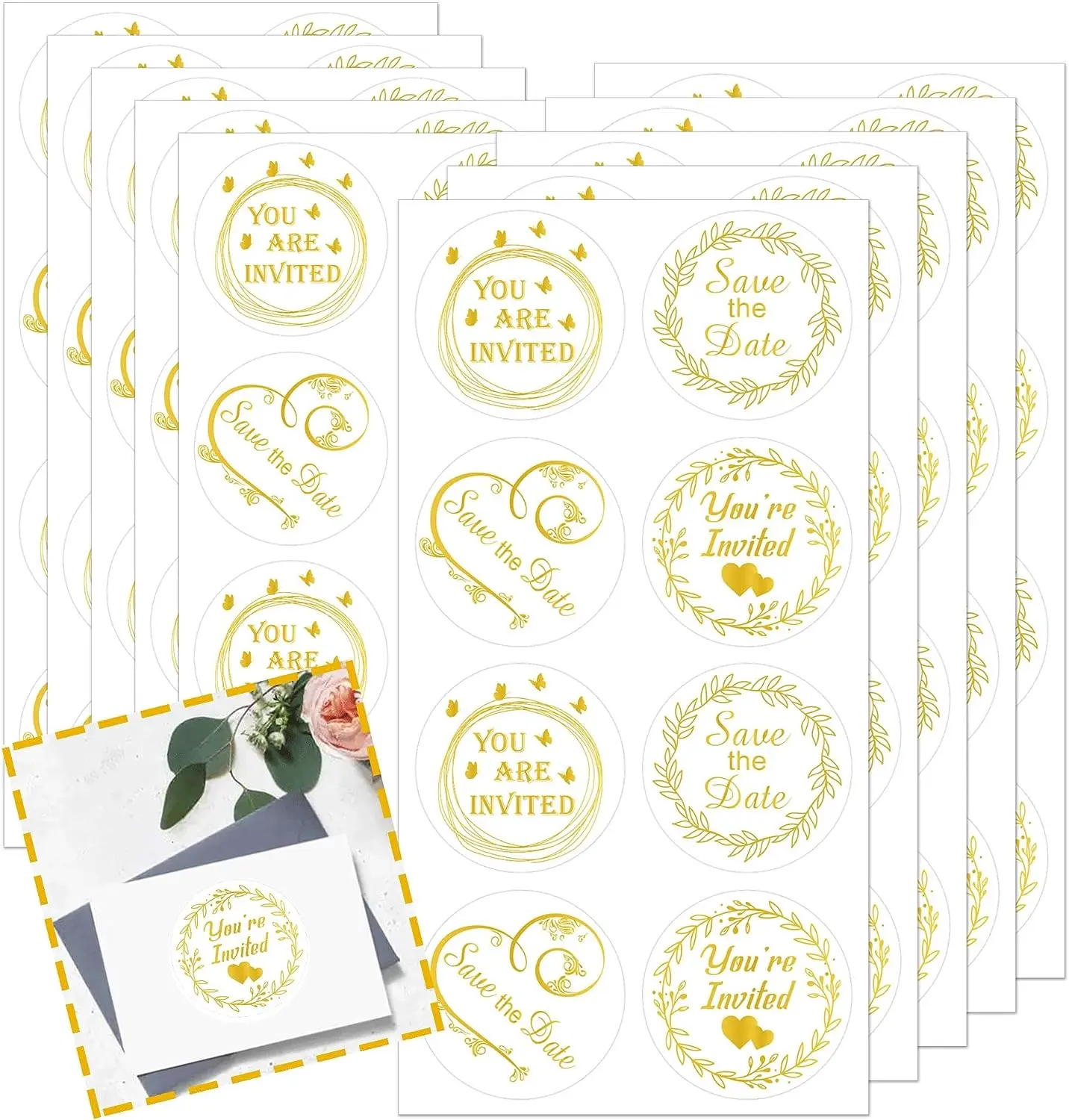 200 Pcs Clear Wedding Stickers Envelope Seal Sticker 1.5 Inch Gold ...