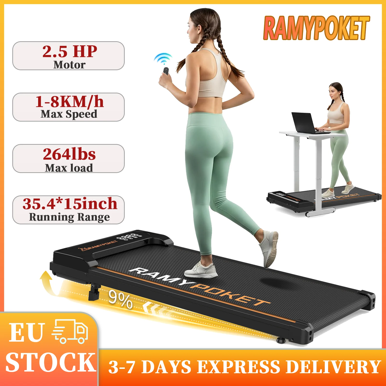 RAMYPOKET Treadmill with 9% Incline 2.5HP Motor Speed 1-8km/h Mini ...
