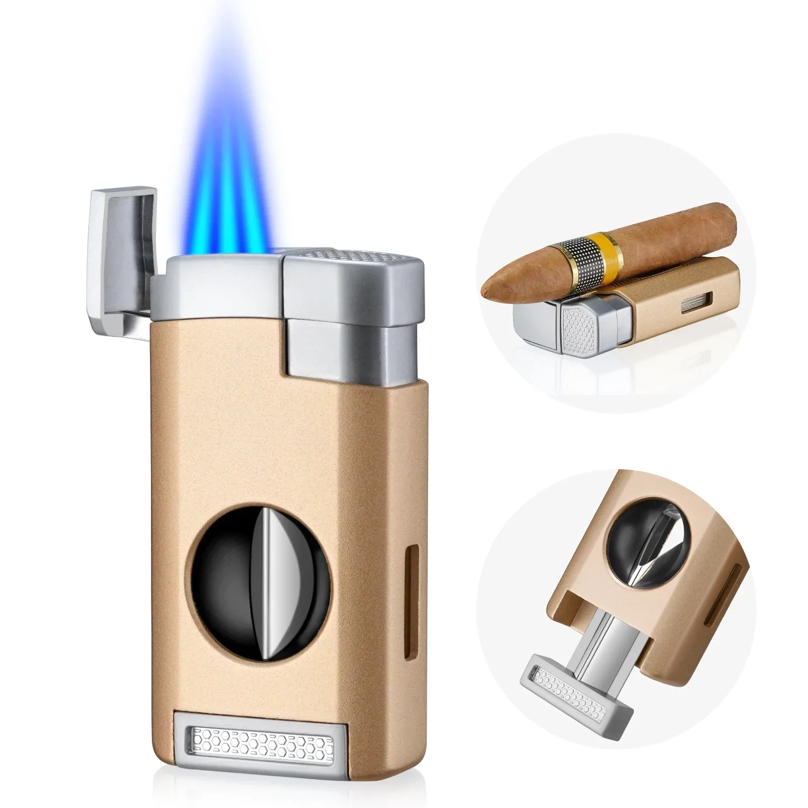 GUEVARA-Metal-3-Jet-Blue-Flame-Cigar-Lighter-Cutter-2-IN-1Sharp-V-Cut ...