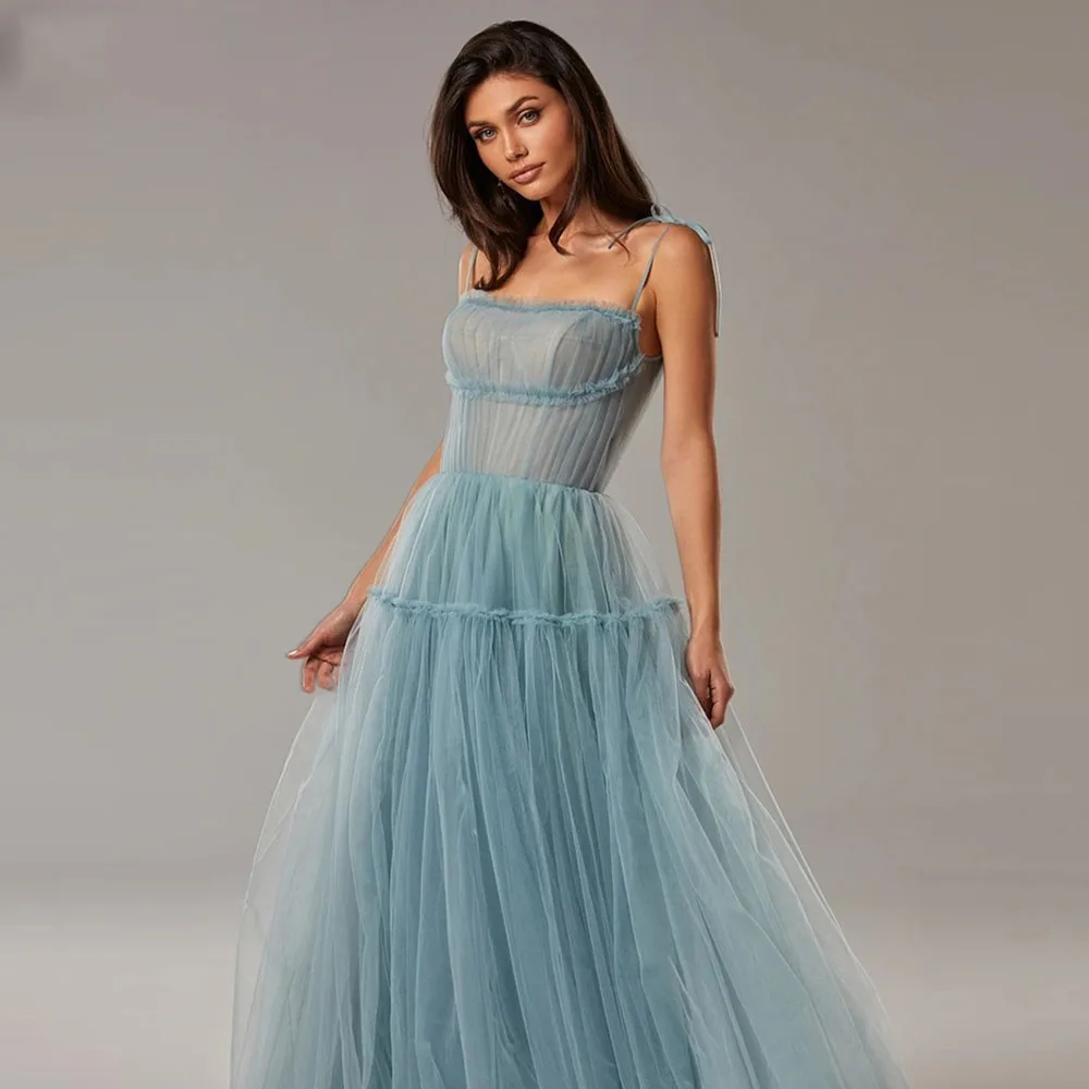 Fancy Light Dusty Blue Square Neck A Line Prom Dresses Spaghetti Straps ...