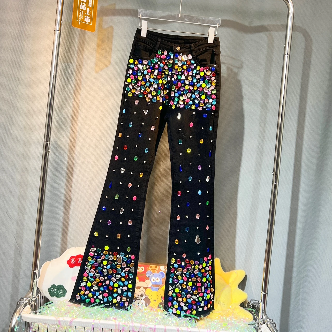 Women-Autumn-Winter-Handmade-Diamonds-Beaded-Long-Denim-Pants-High ...