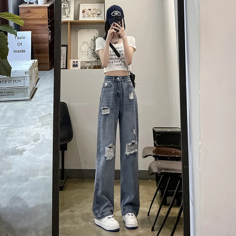 여성용 하이 웨이스트 스트레이트 레그 데님 루즈 드레이프 와이드 레그 찢어진 핫 걸 걸레 바지 로우 라이즈 청바지 신상