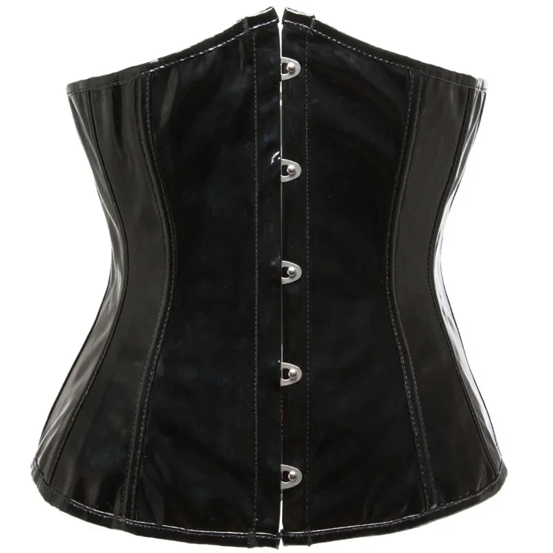 Black-PVC-Vinyl-Underbust-Corset-Shiny-PU-Leather-Steampunk-Bustier ...